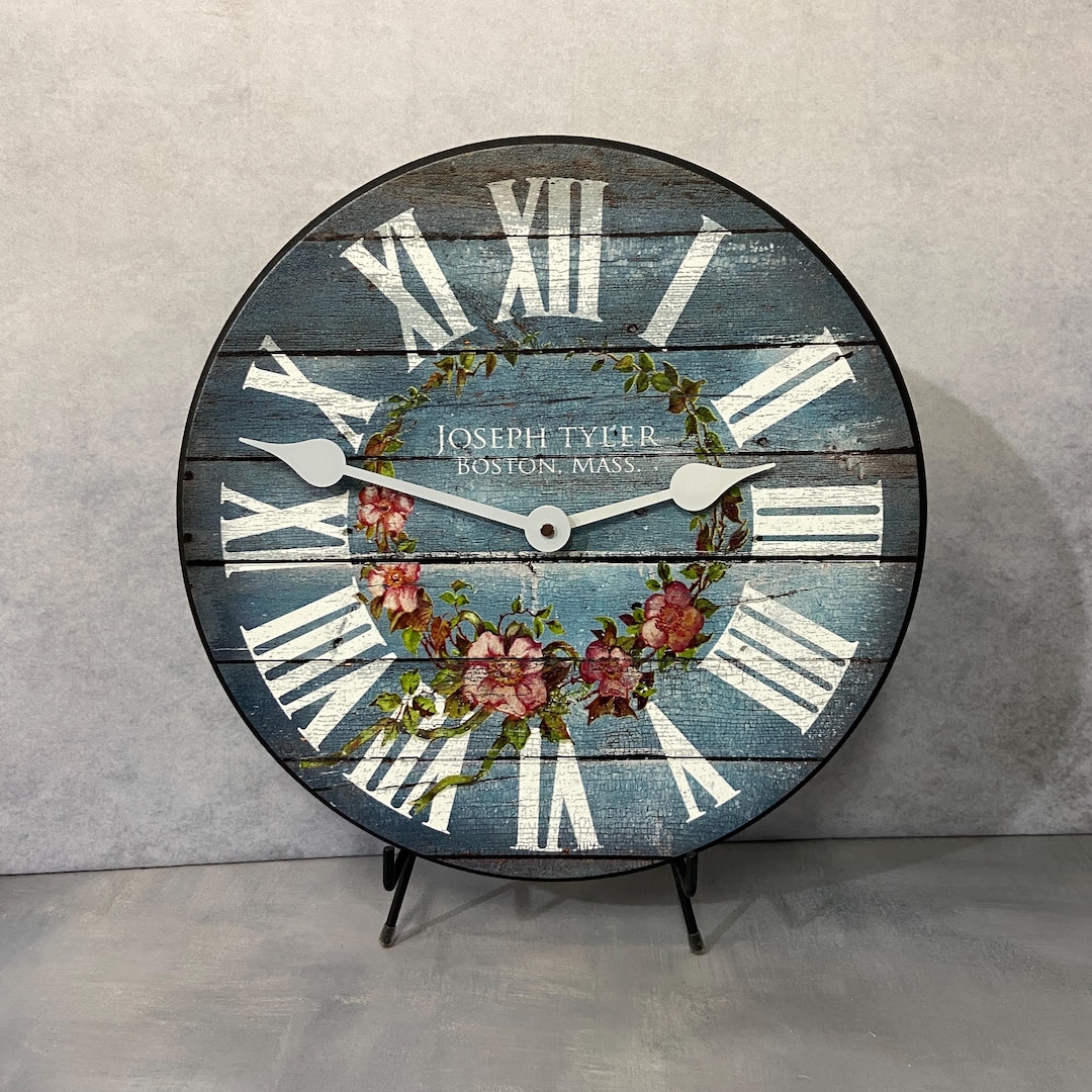 Barnwood Blue Floral Wall Clock, 8 Sizes!!, EXTRA Quiet Mechanism ...