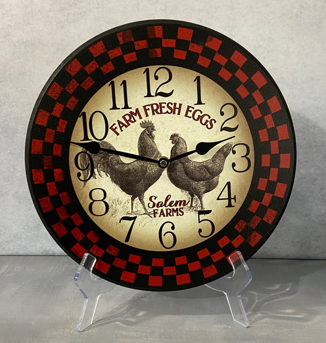 Personalized Red & Black Rooster Farm Wall Clock - Personalized Farm ...