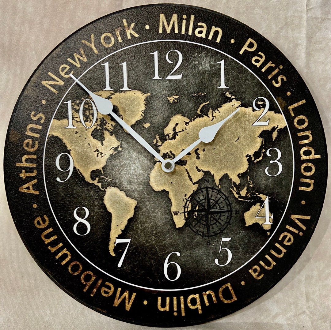 Bon Voyage Wall Clock 2, World Map Clock, 8 Sizes, Made in USA, Lifetime Warranty, Very QUIET ...