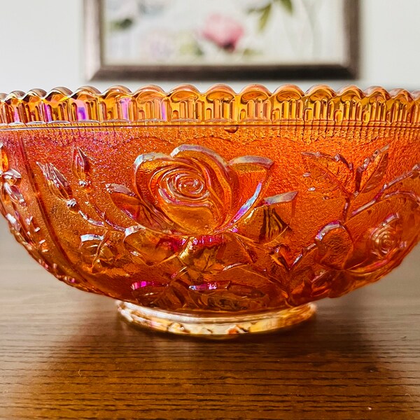 Carnival Glass Rose Pattern Bowl - Etsy