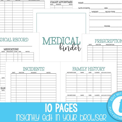 MEDICAL BINDER KIT Track Medical Records Custom Medical - Etsy