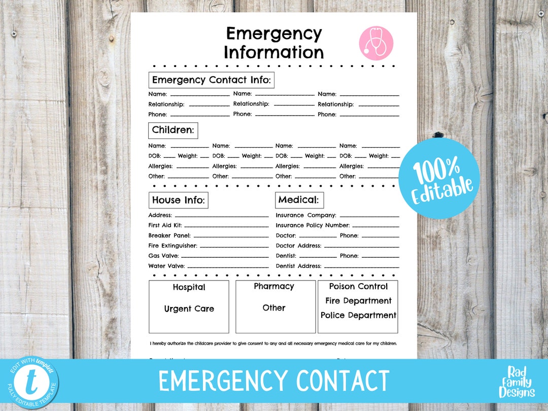 EMERGENCY CONTACT SHEET | Emergency Binder Contact List, Daycare Forms ...