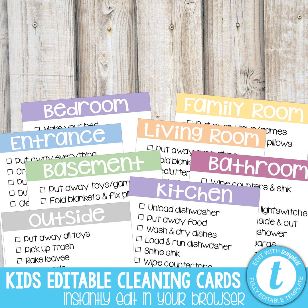 KIDS CLEANING CARDS Kids Chore Chart Responsibility Cards Room by Room ...