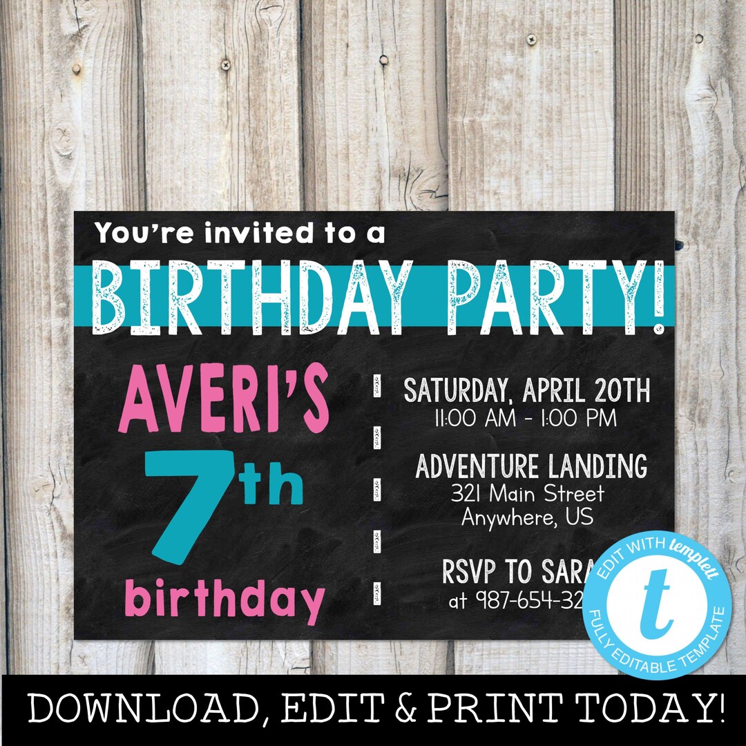 GIRL BIRTHDAY INVITATIONS Instant Download Digital Download Chalk Board ...