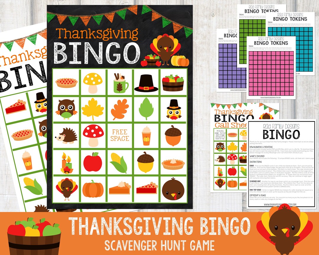 BINGO THANKSGIVING GAMES | Scavenger Hunt Fall Games Custom Bingo Cards ...
