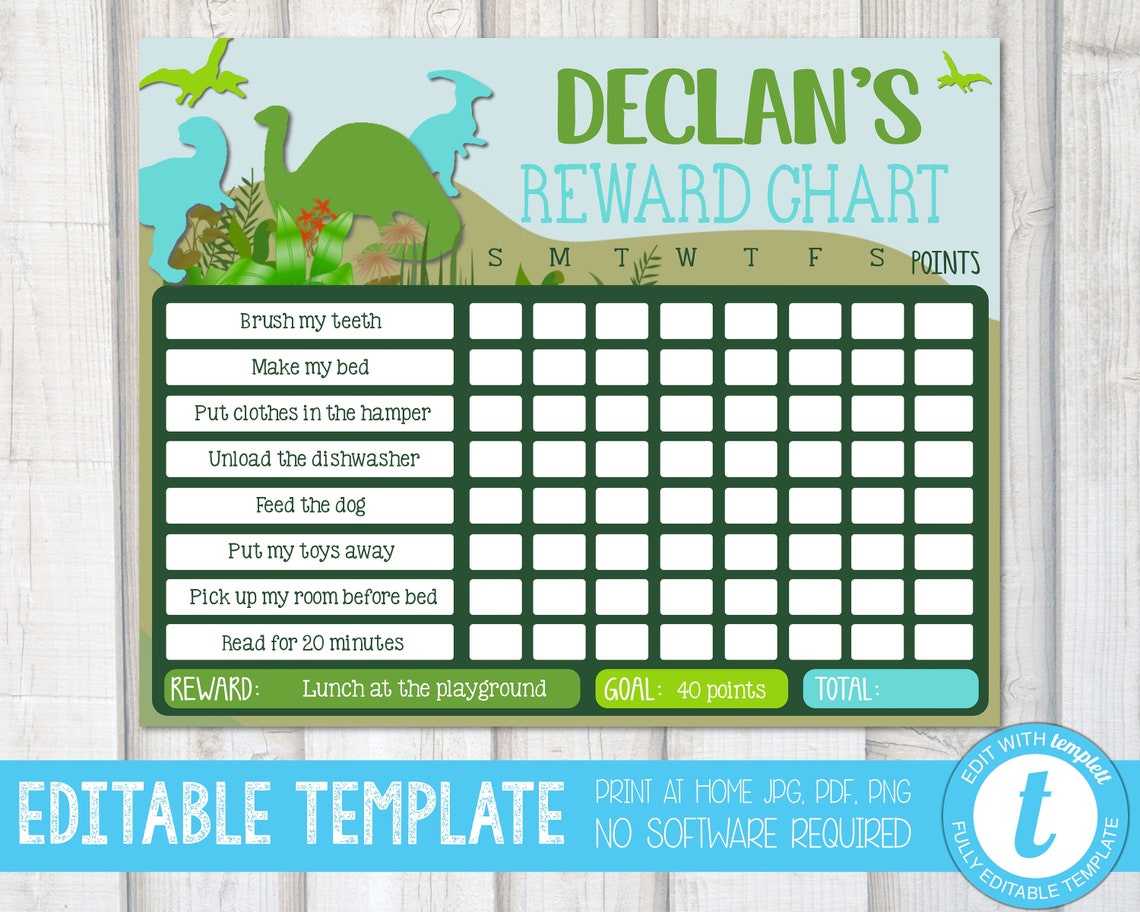 EDITABLE DINOSAUR REWARD Chart Dinosaur Chore Chart Boys | Etsy