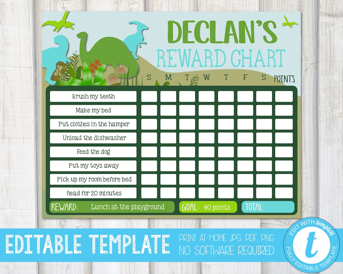 EDITABLE DINOSAUR REWARD Chart Dinosaur Chore Chart Boys | Etsy