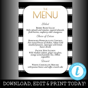 OSCARS PARTY DINNER Menu Template | Black White Gold Wedding Menu ...