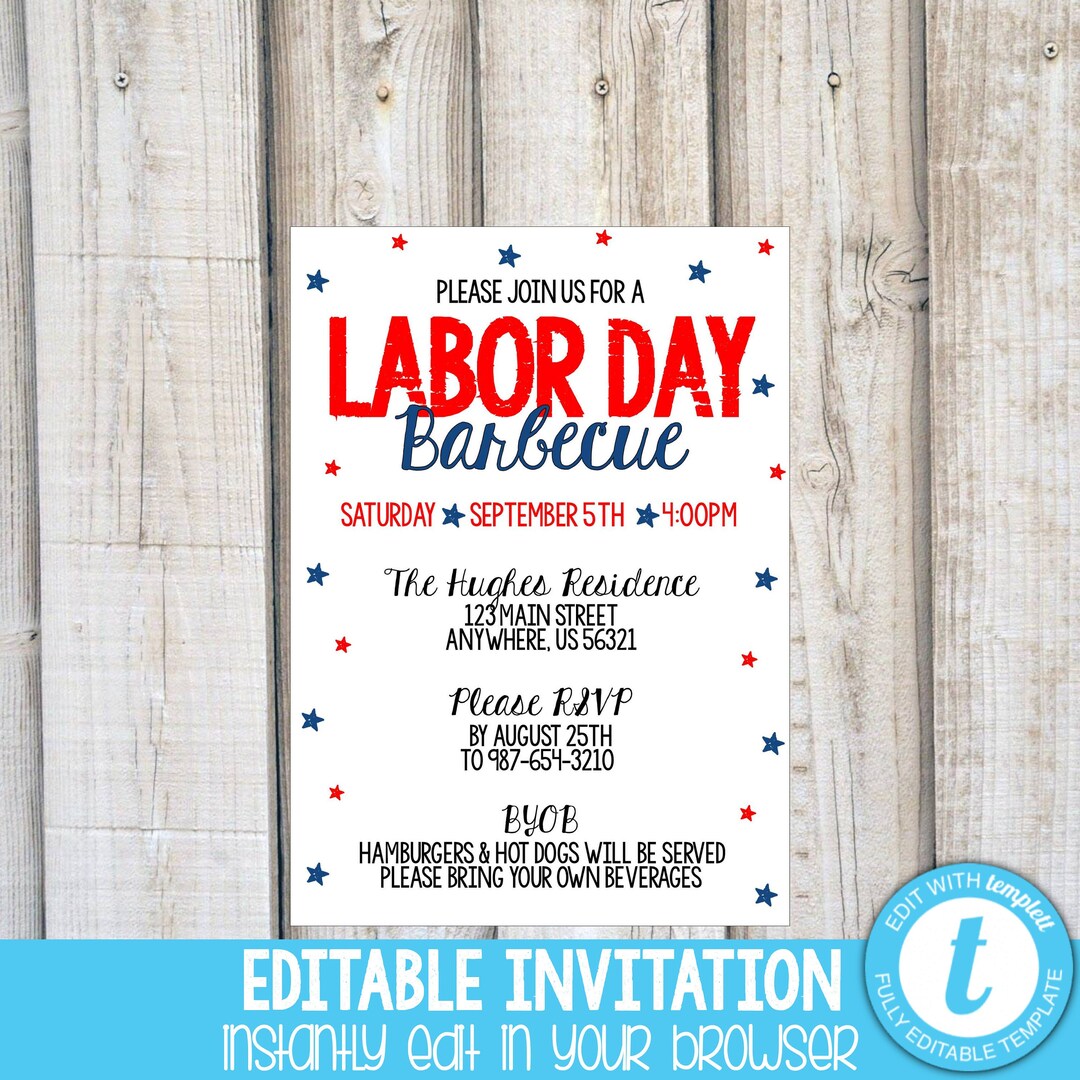 LABOR DAY INVITATION Barbecue Labor Day Weekend Summer Cookout Block ...