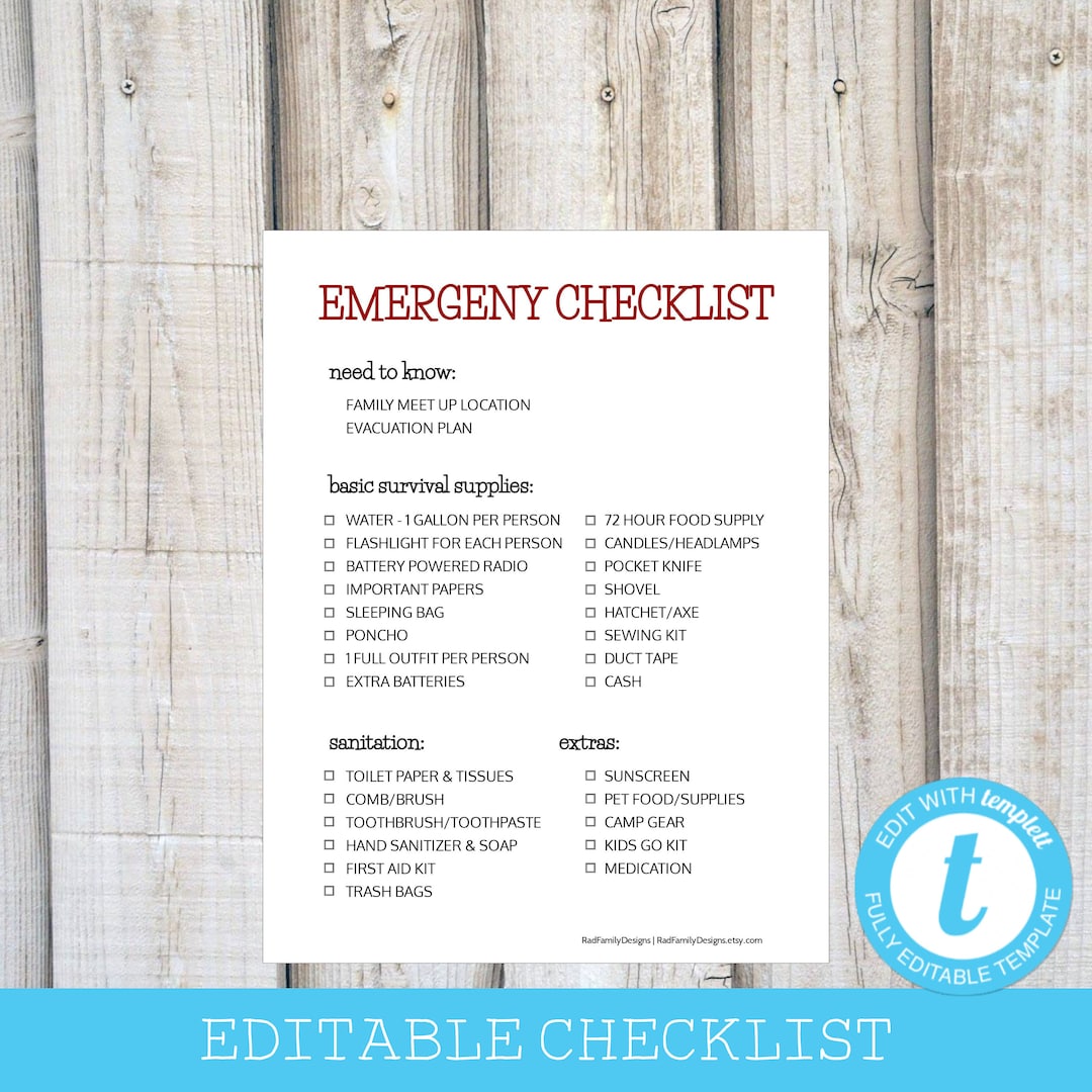 EMERGENCY CHECKLIST Editable Checklist Hurricane Preparedness Checklist ...