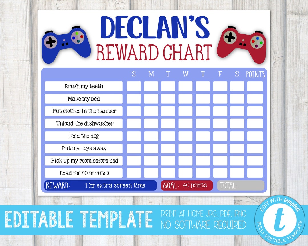 VIDEO GAMES REWARD Chore Chart for Kids | Family Cleaning Checklist ...