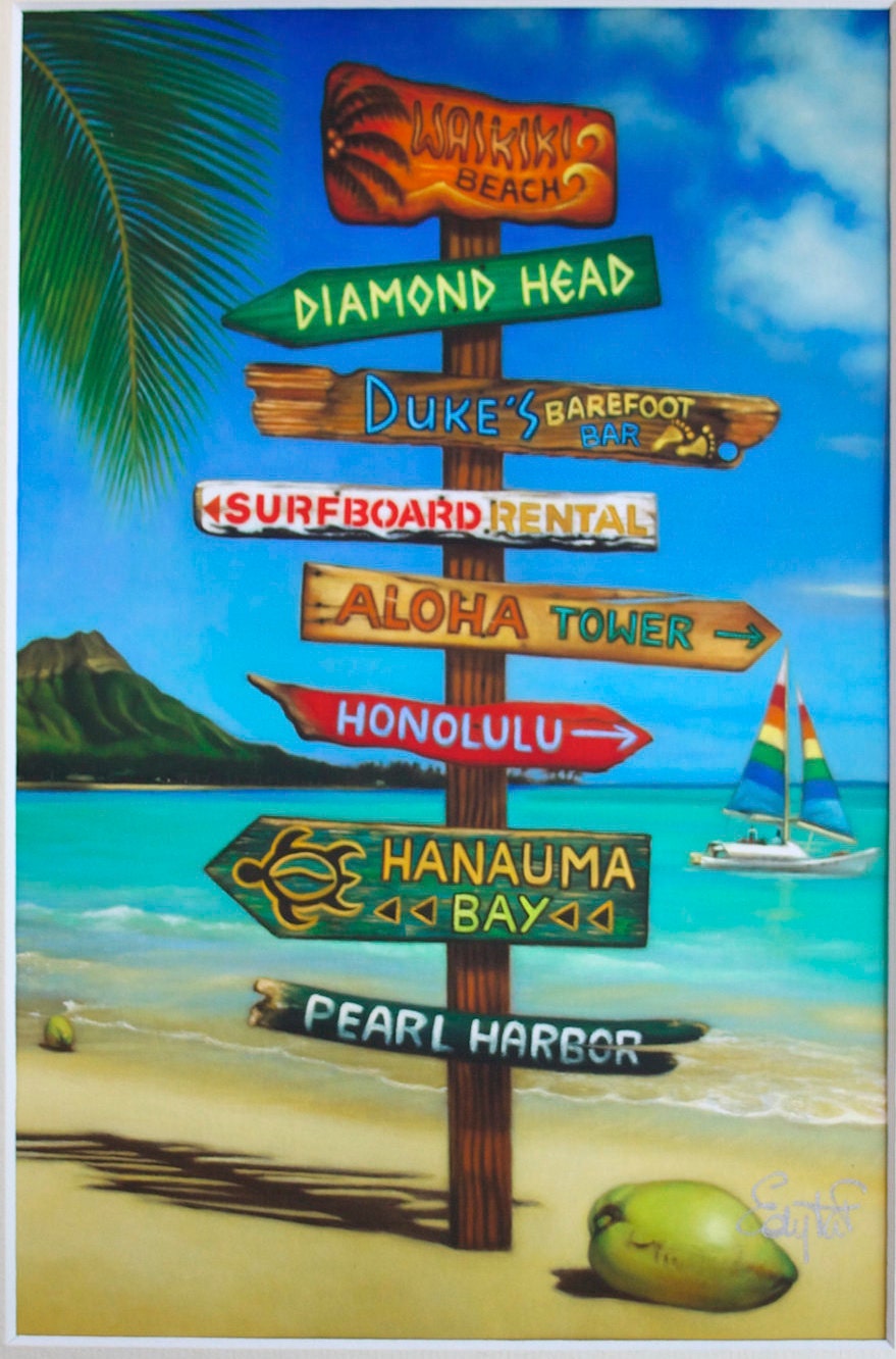 In Waikiki - Hawaiian Travel Signpost Matted Art Print - Etsy UK