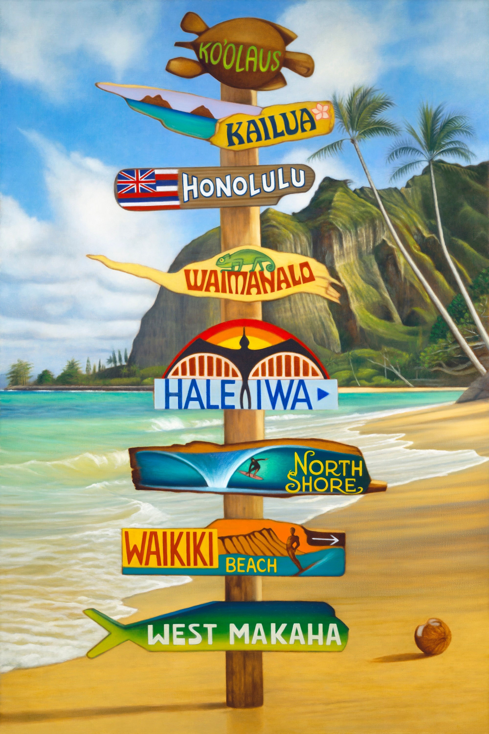 ALMOST HEAVEN New Oahu Vintage Signpost Matted Art Print, Original Oil ...