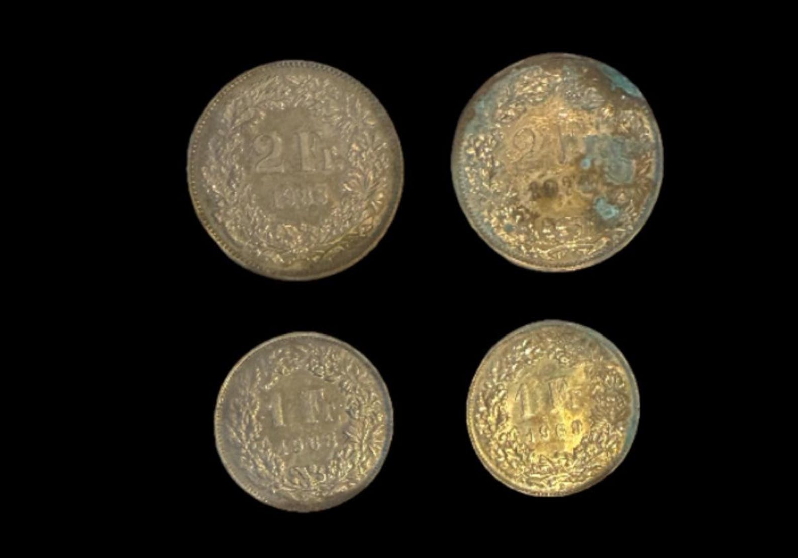 Set of Four Vintage Swiss Franc Coins Helvetica - 2 Two Franc, 2 One ...