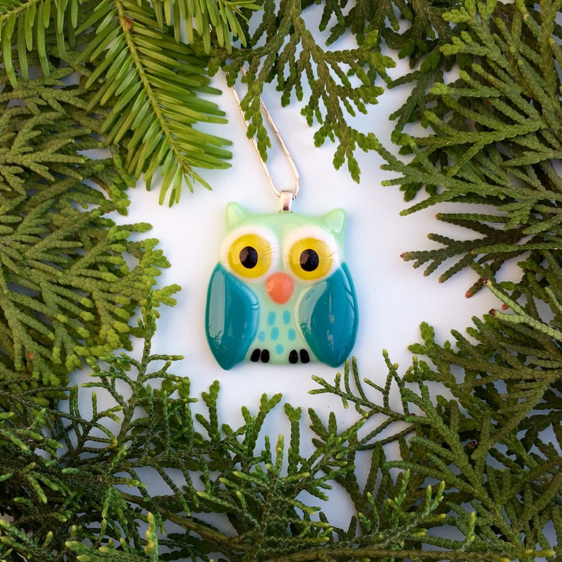 Light-blue green owl pendant Light-blue owl glass pendant | Etsy