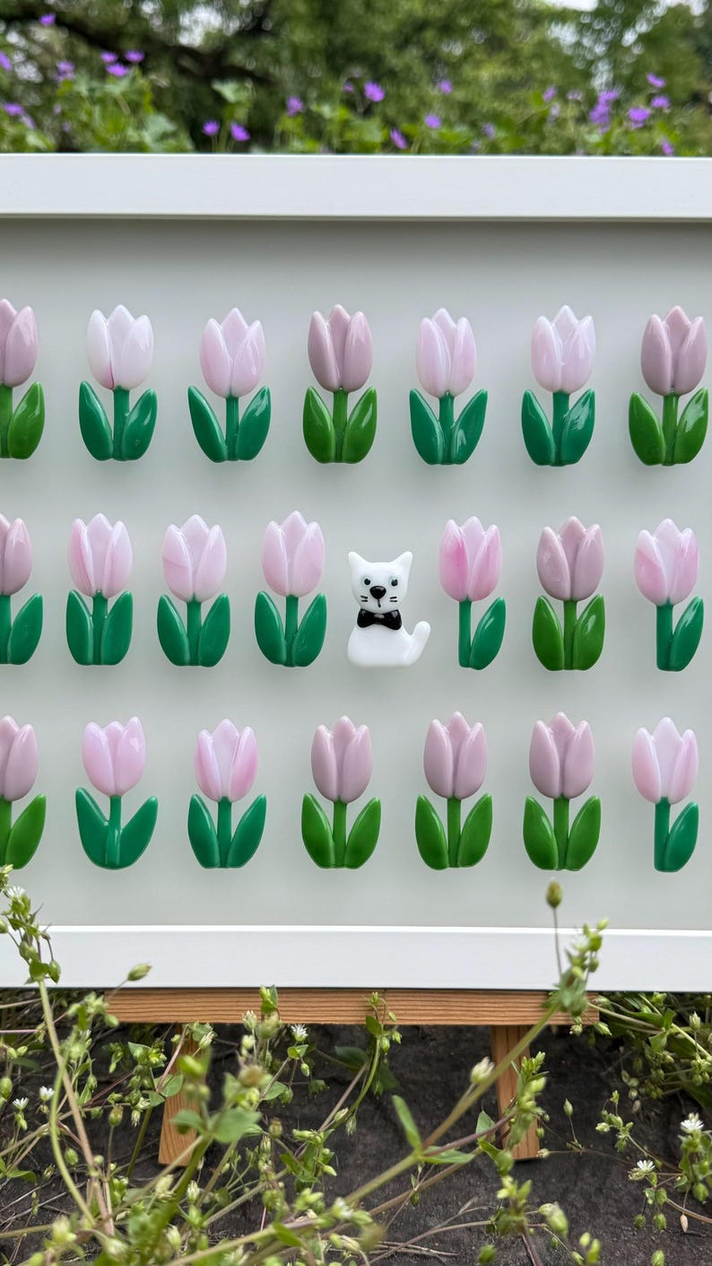 Fused Glass Wall Art: Tulips and Cat - Handmade Floral Panel in White ...