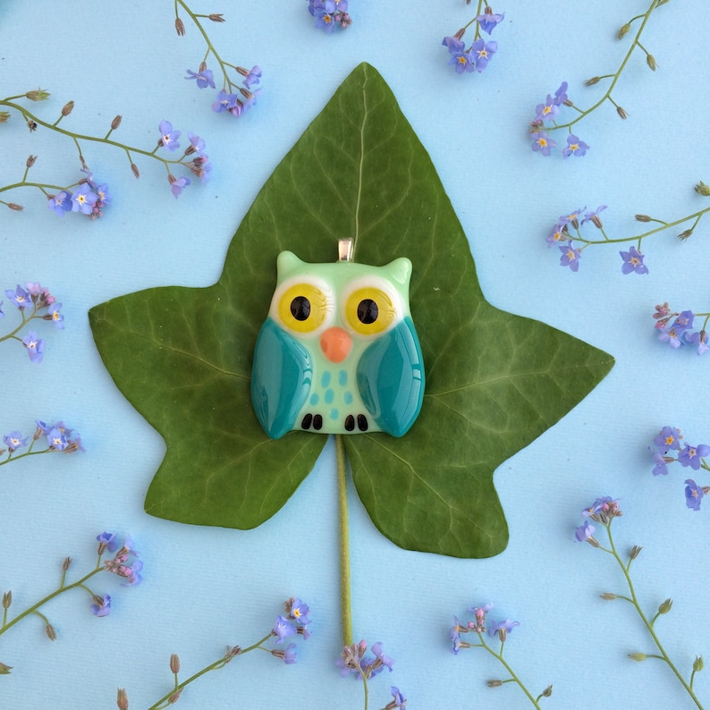 Light-blue green owl pendant Light-blue owl glass pendant | Etsy