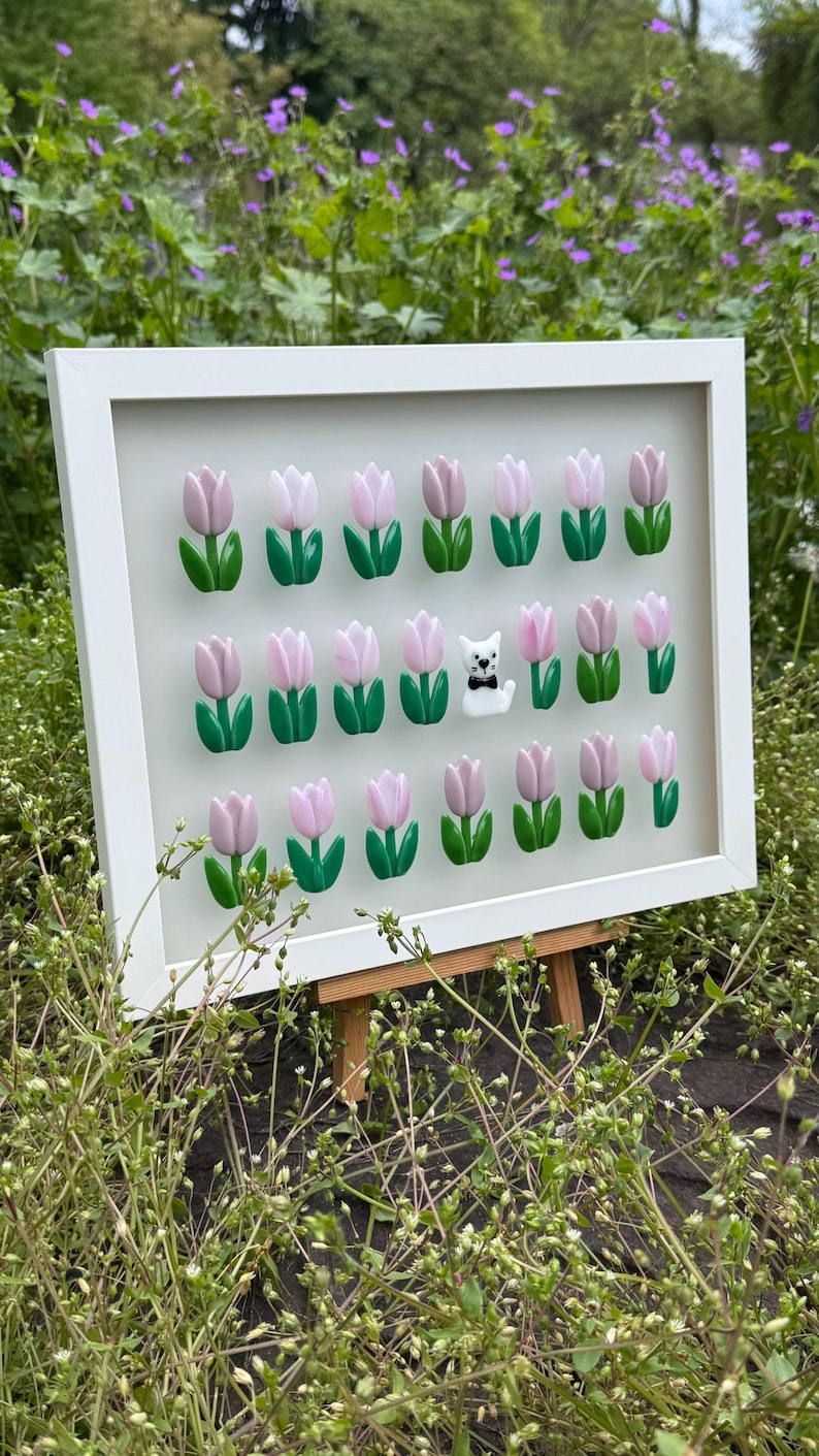 Fused Glass Wall Art: Tulips and Cat - Handmade Floral Panel in White ...