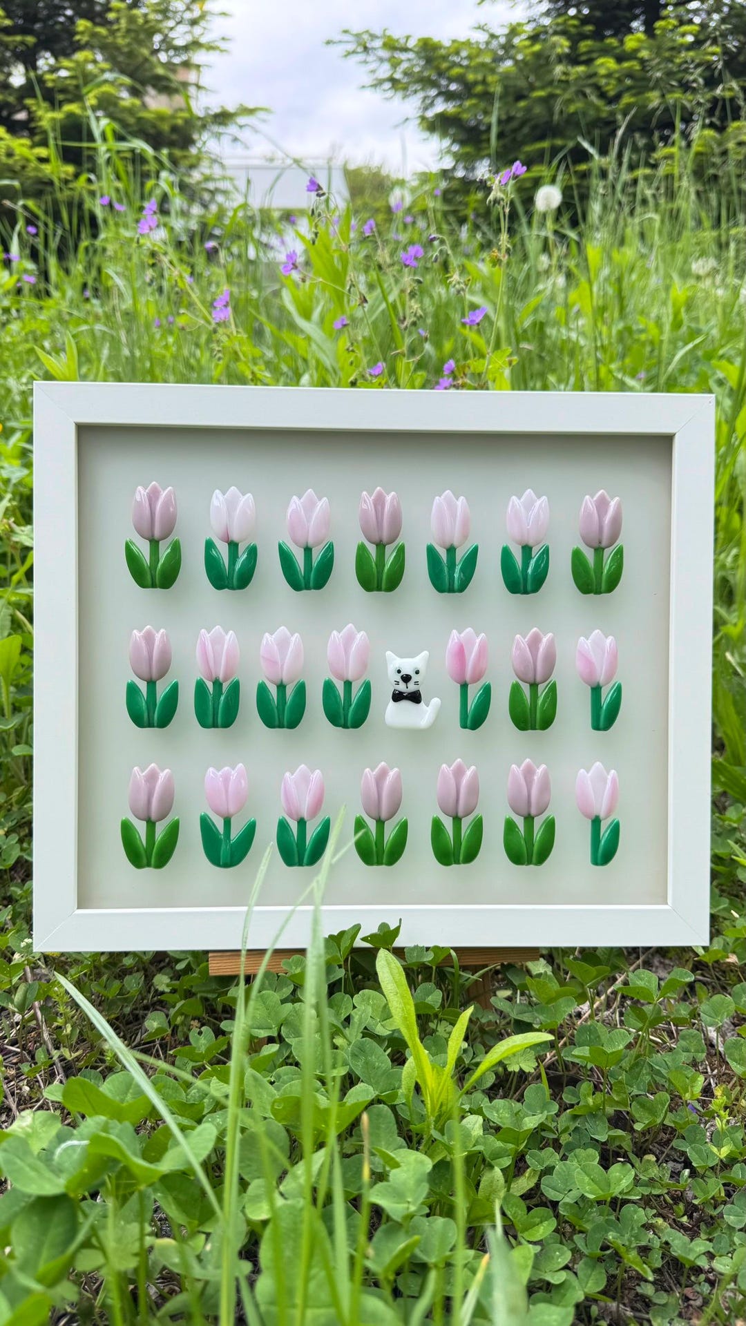 Fused Glass Wall Art: Tulips and Cat - Handmade Floral Panel in White ...
