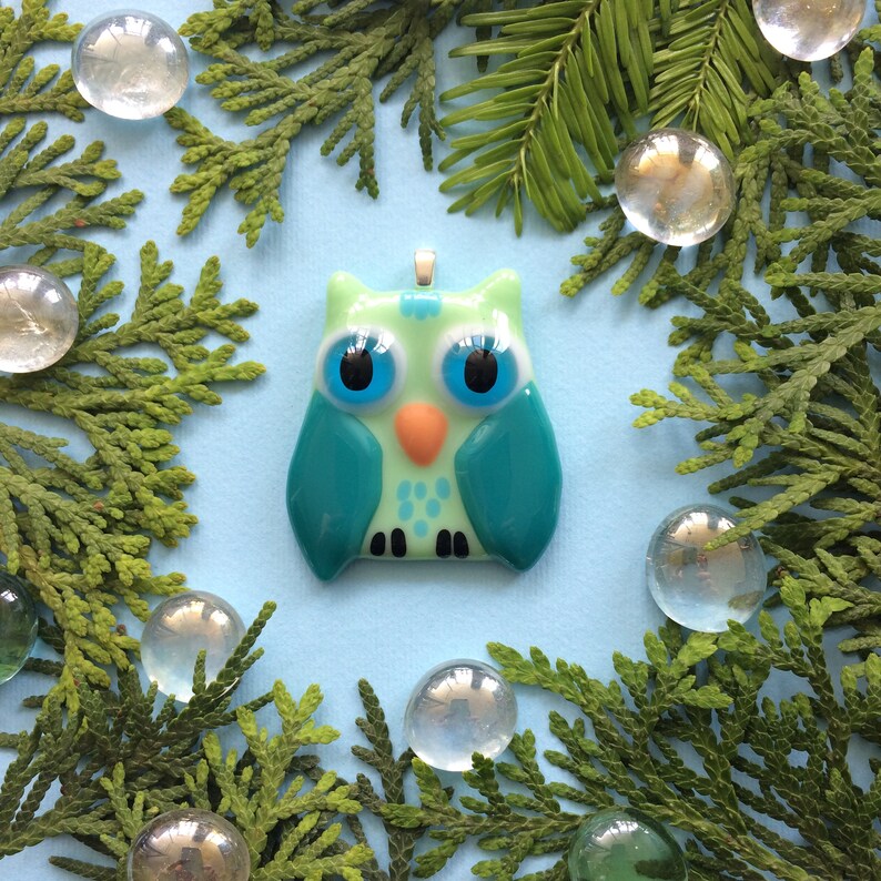 Light-blue green owl pendant Light-blue owl glass pendant | Etsy