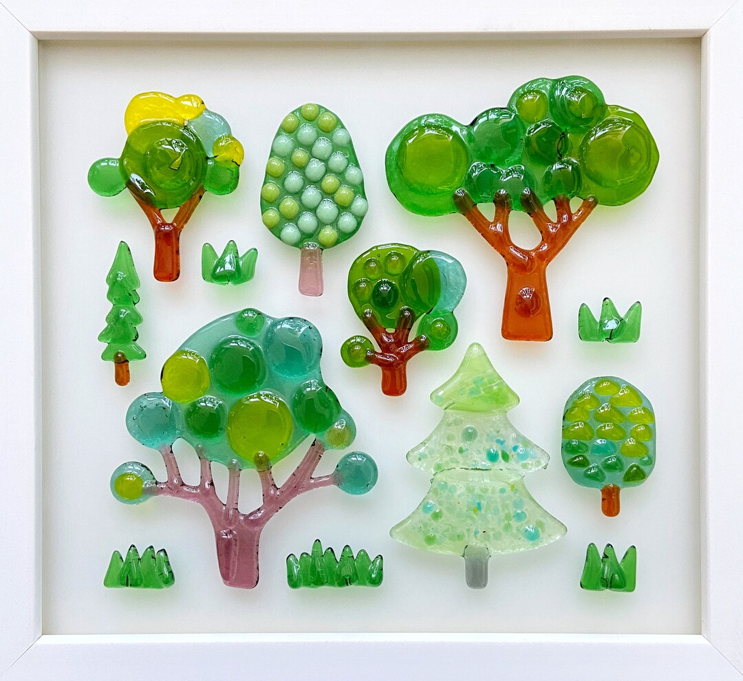 Fused Glass Ar, Colorful Forest Scene in Framed Glass - Nature's Serene ...