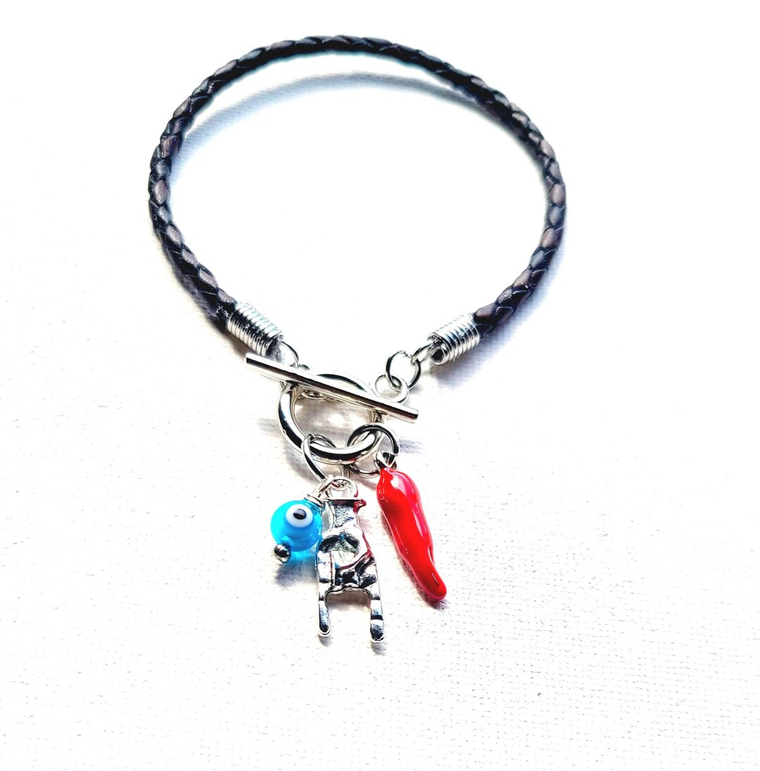 Cornuto Bracelet With Red Enameled Horn & Blue Evil Eye Charm on Brown ...