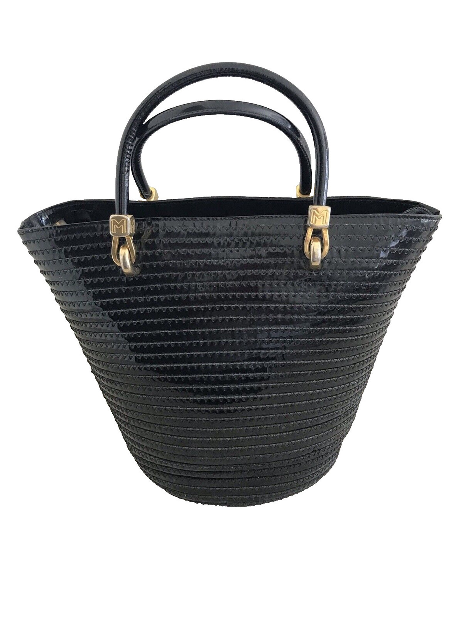 Authentic BRUNO MAGLI Black Patent Leather Bag Purse Handbag Basket ...