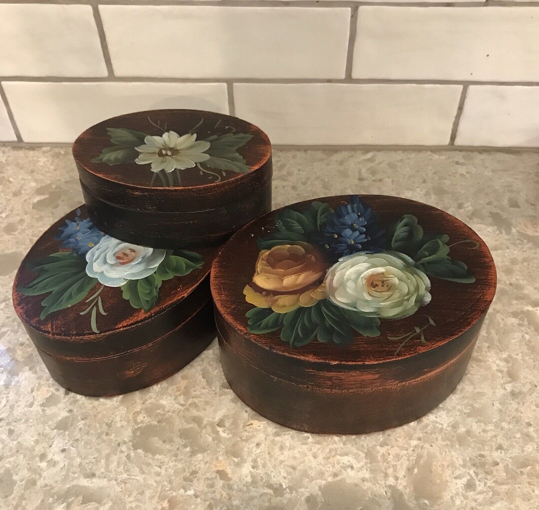Set of 3 Wood Oval Nesting Boxes Hand Made & Painted With Flowers - Etsy