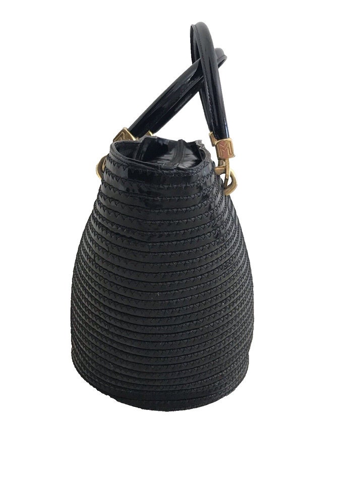 Authentic BRUNO MAGLI Black Patent Leather Bag Purse Handbag Basket ...
