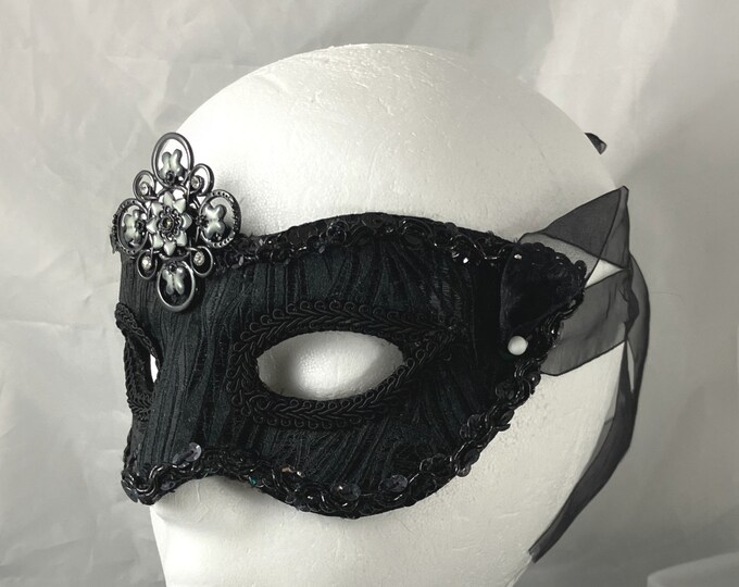Black Satin Mask, Black Brocade and Flexible Leather Masquerade Mask ...