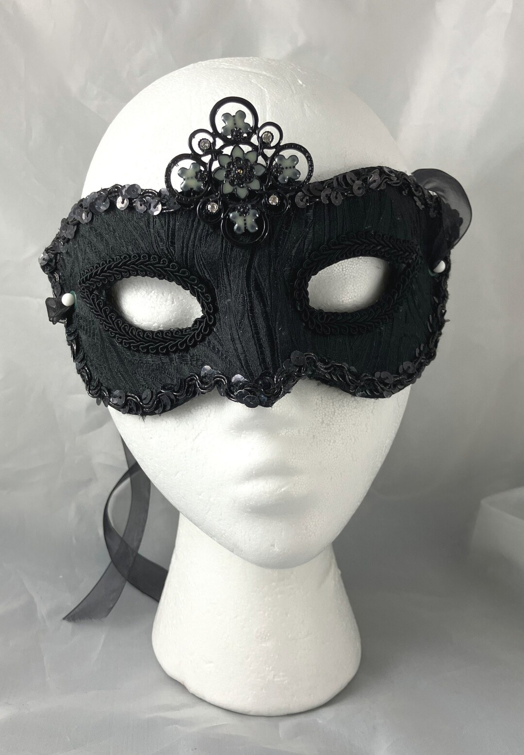 Black Satin Mask, Black Brocade and Flexible Leather Masquerade Mask ...