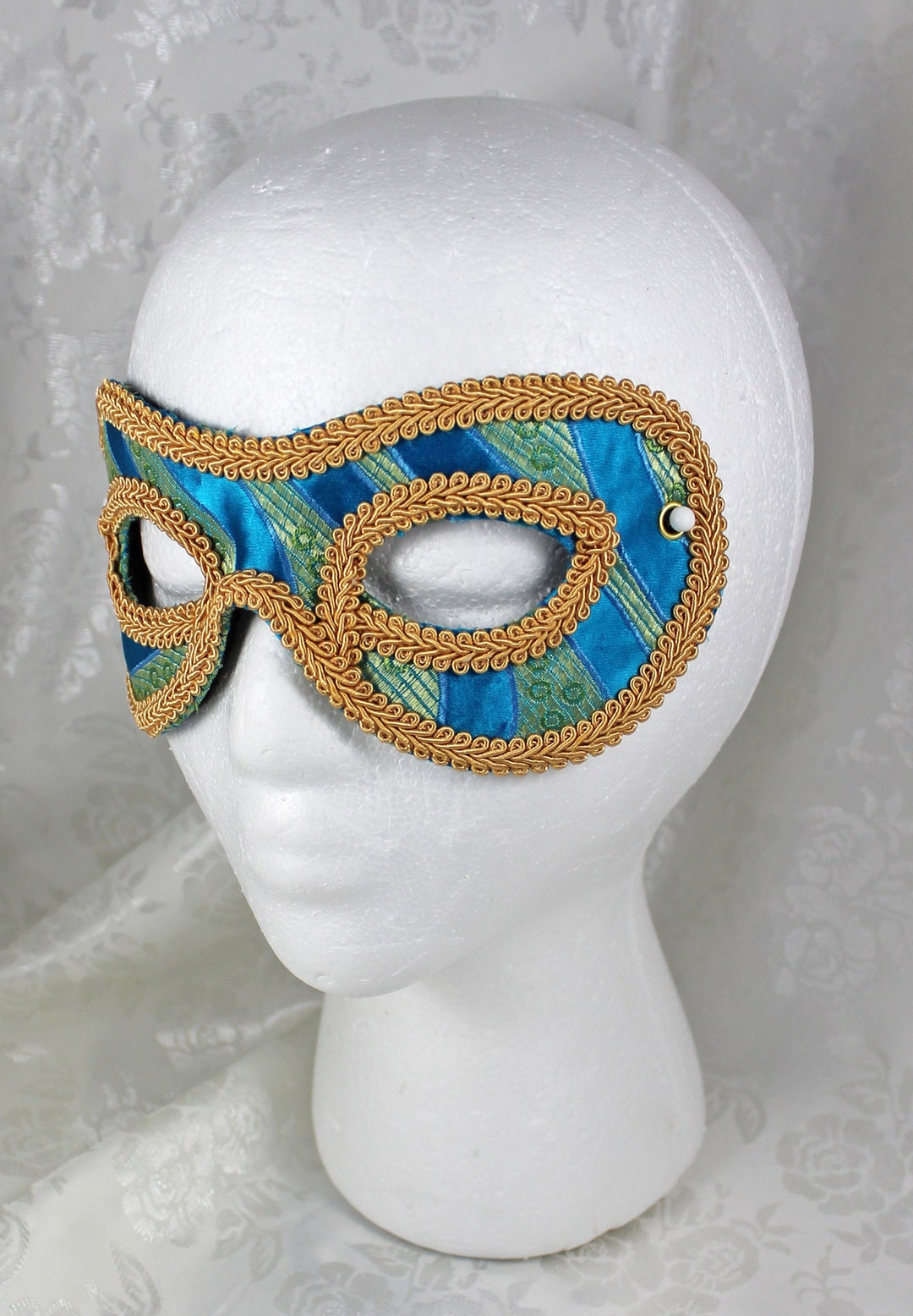 Blue Eye Mask, Turquoise Blue and Gold Satin Brocade Over Leather Zorro ...