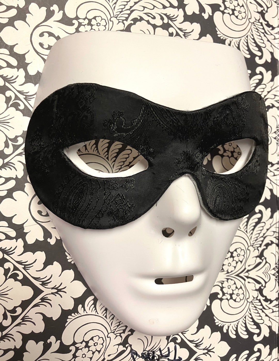 Black Eye Mask, Black Satin Brocade and Flexible Leather Masquerade ...