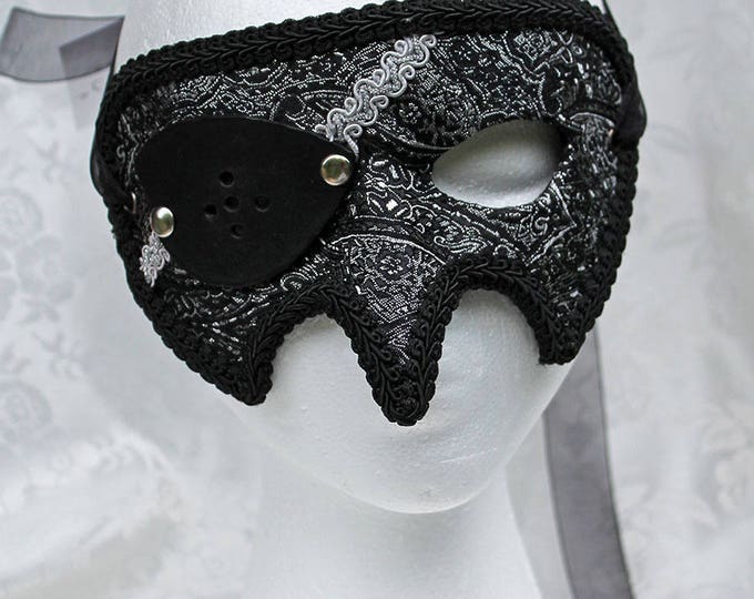 Pirate Masquerade Mask, Black & Silver Brocade and Leather Pirate ...