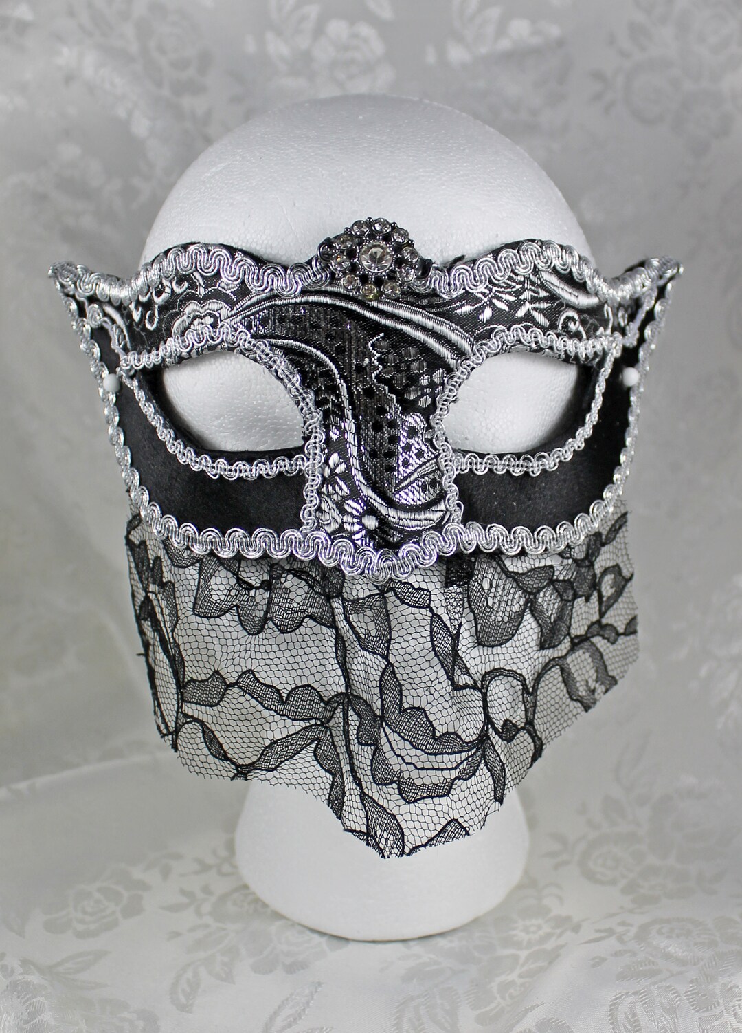 Veiled Black Satin and Silver Brocade Mask, Brocade Over Flexible ...