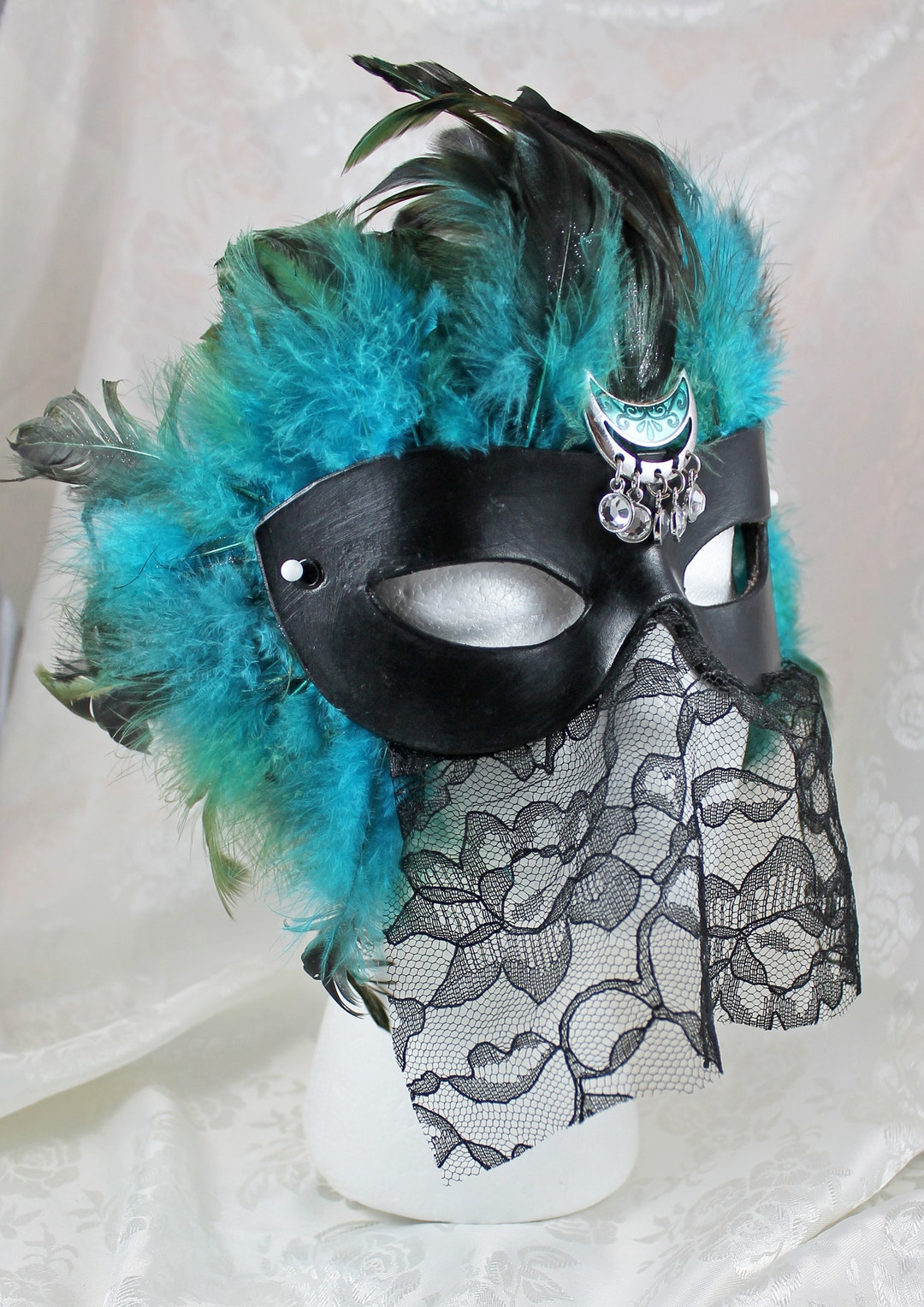 Leather Moon Goddess Mask, Black Leather Masquerade Ball Mask With Veil ...