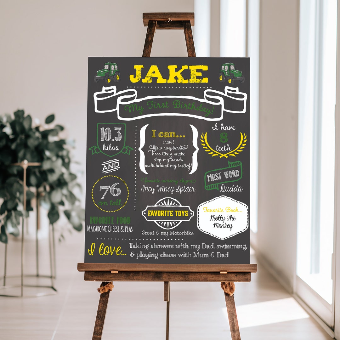 Editable Green & Yellow Tractor First Birthday Milestone Board ...