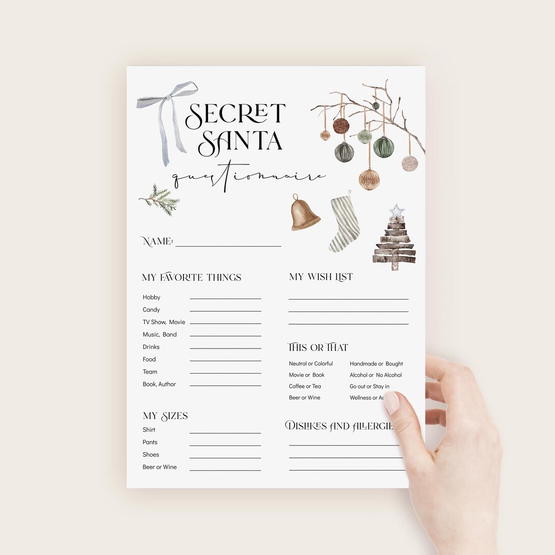Secret Santa Questionnaire Template, Holiday Wish List Form, Xmas ...