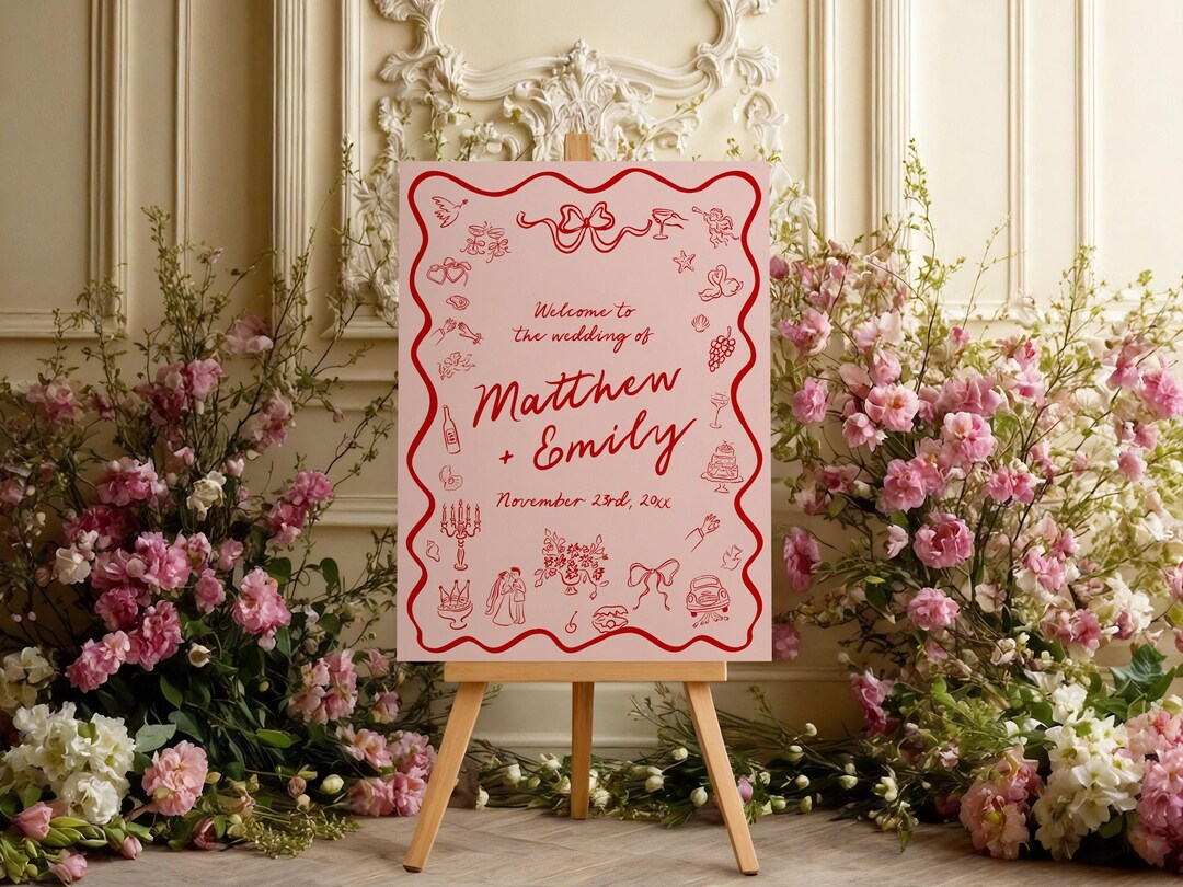 Whimsical Wedding Welcome Sign: Hand-drawn Style, Wavy Border (canva ...
