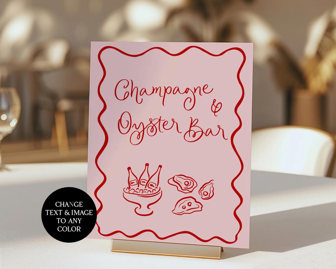 Whimsical Champagne Oyster Bar Sign: Pink & Red Wedding Food Station ...