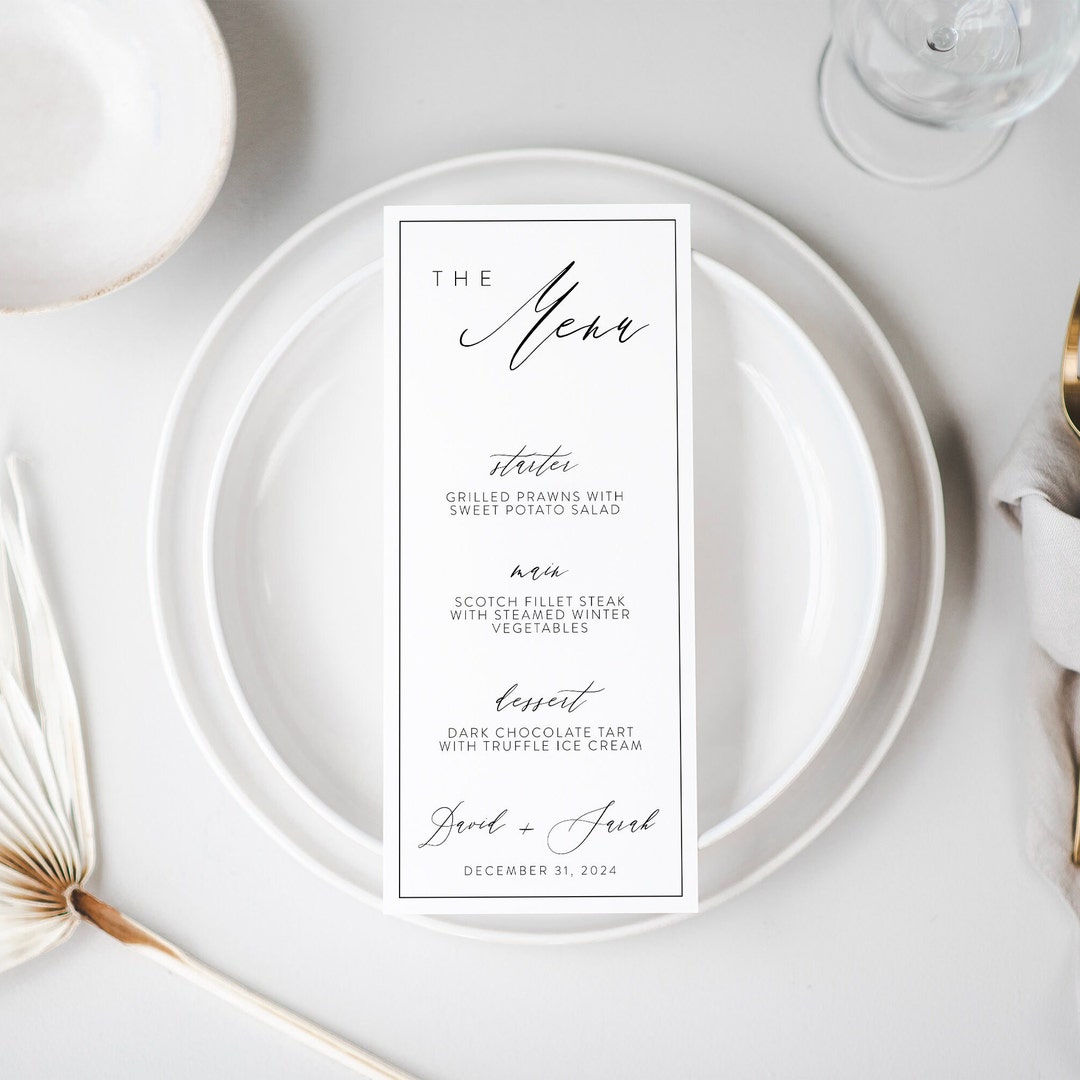 Classic Elegant Wedding Menu Sign, 4x9 Printable Menu Template, Modern ...
