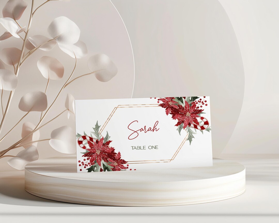Red Poinsettia Mid Winter Christmas Printable Place Card Template ...