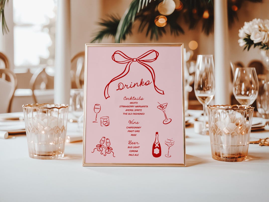 Whimsical Bar Menu Sign: Pink & Red Ribbon Design (8x10, Canva Template ...