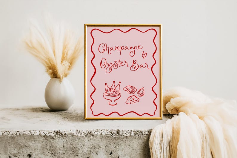 Whimsical Champagne Oyster Bar Sign: Pink & Red Wedding Food Station ...