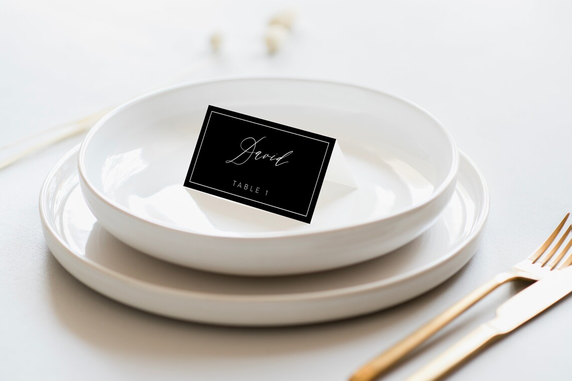 Black Printable Place Card Template, Minimalist Wedding Place Card ...