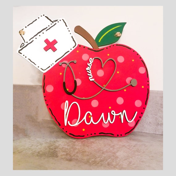 School Nurse Apple Sign // Nurse Sign // Wooden Door Hanger // - Etsy