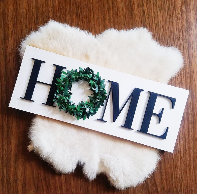 Lasercut HOME Sign With Faux Boxwood Wreath // Home Sign // - Etsy