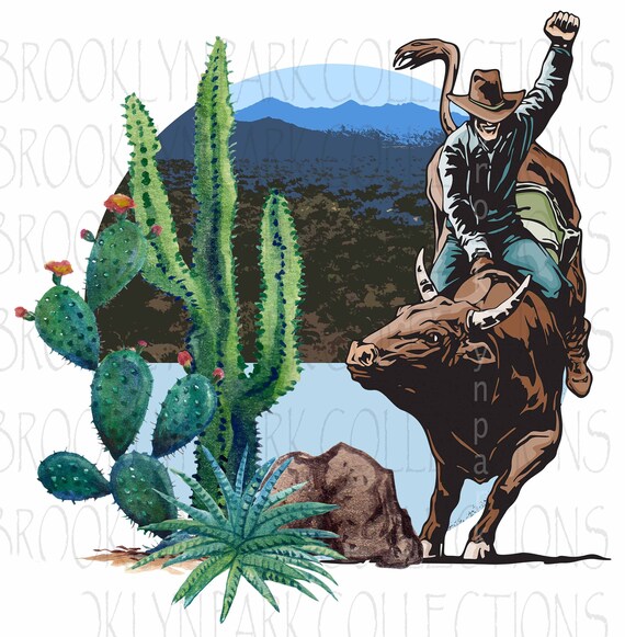 Bull Rider Rodeo Cowboy Cactus Mountain Scene Instant - Etsy
