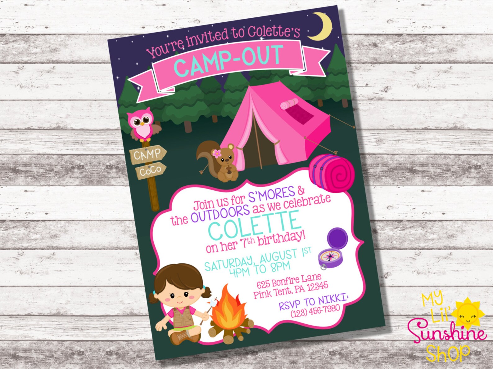 Girl's Camping Birthday Invitation 1st 2nd Any Age | Etsy