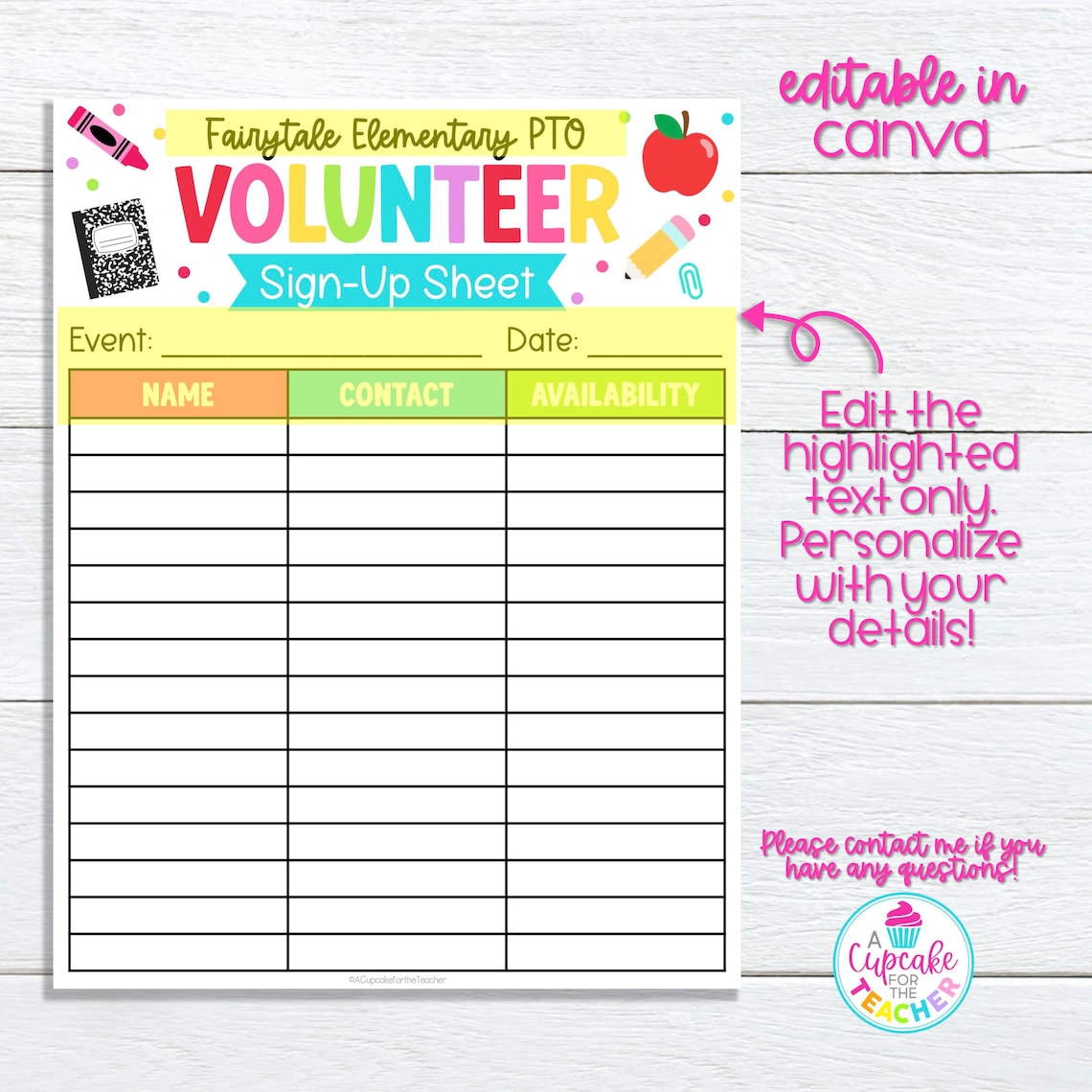 Editable PTO Volunteer Sign-up Sheet Template | Back to School PTO PTA ...